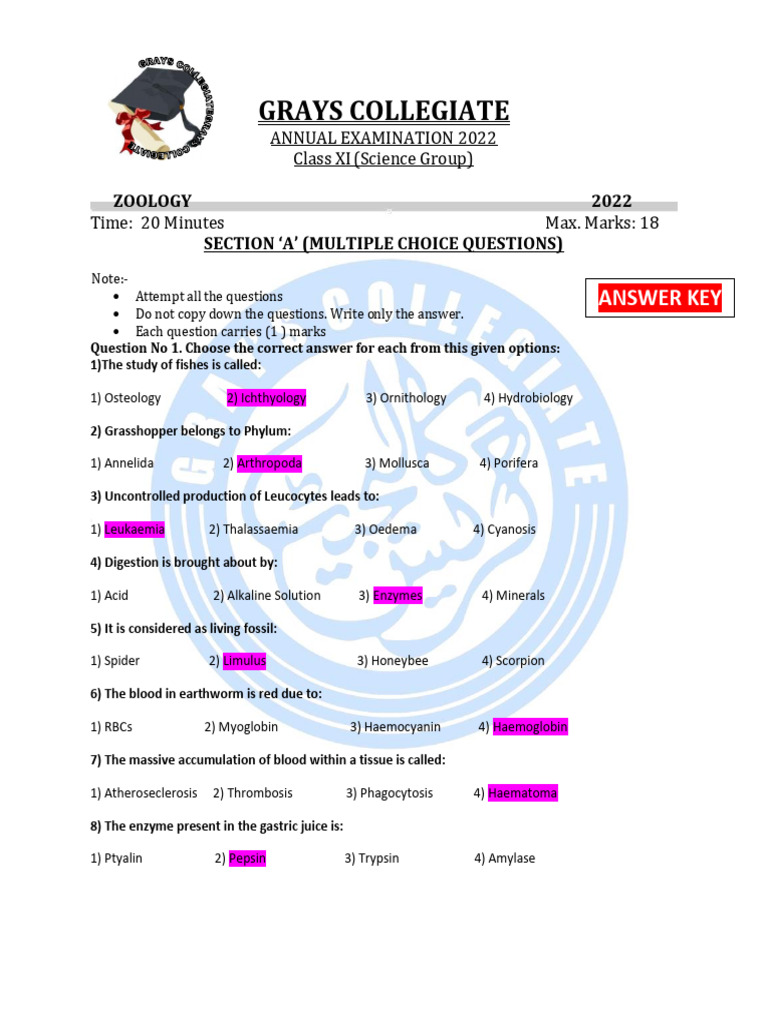 Zoology-I Answer Key 2022 | PDF | Biology