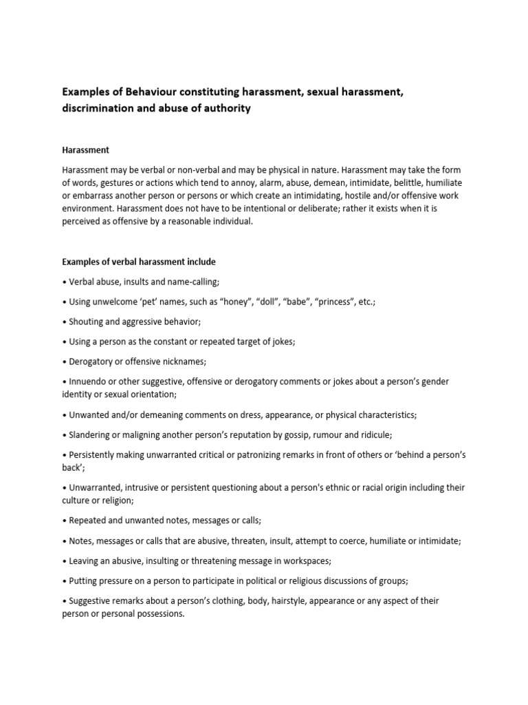 Examples of Behaviour Constituting Harassment, Sexual Harassment ...