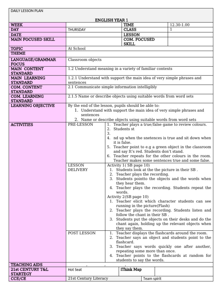 Year 1 English Lesson Plans: At School | PDF | Lesson Plan | Teachers