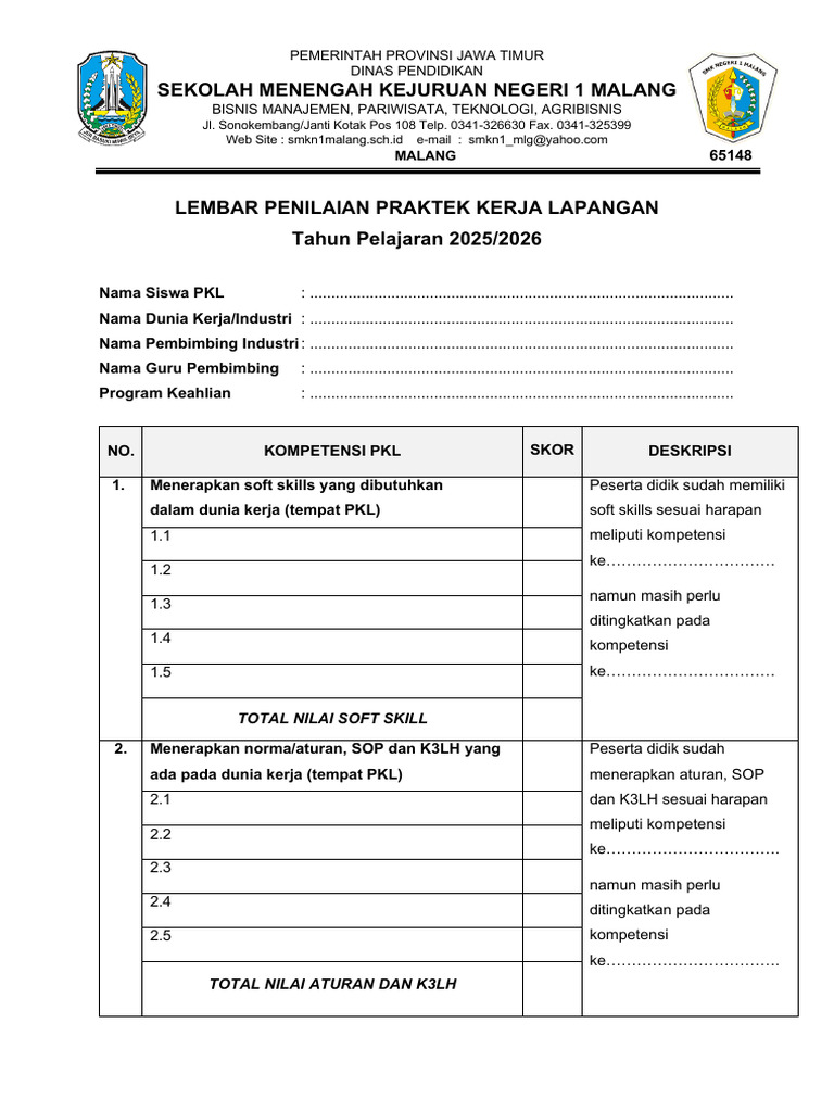 Contoh Pengisian Format Penilaian PKL Kurikulum Merdeka | PDF