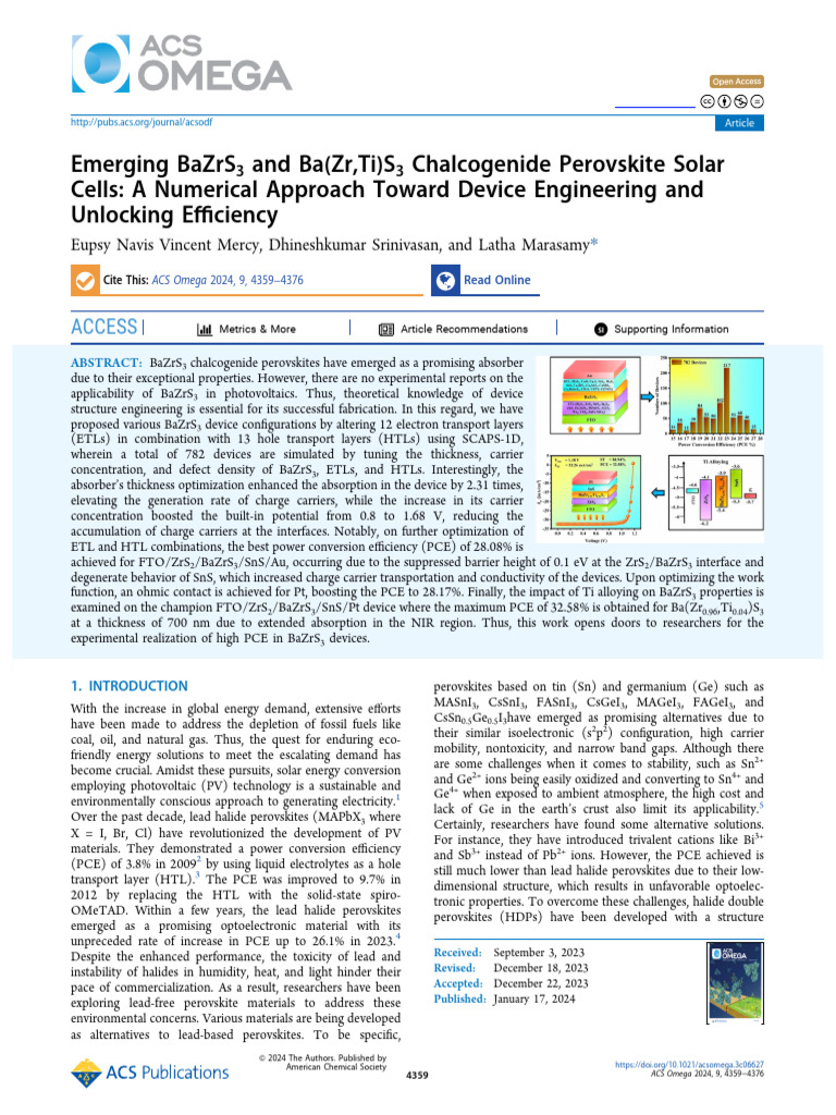 Vincent Mercy Et Al 2024 Emerging Bazrs3 and Ba (ZR Ti) s3 Chalcogenide Perovskite Solar Cells A ...