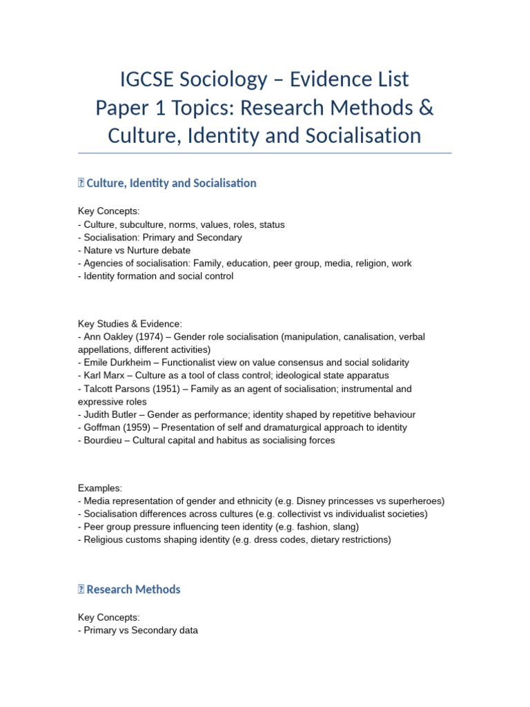 IGCSE Sociology: Research Methods & Identity | PDF | Socialization ...