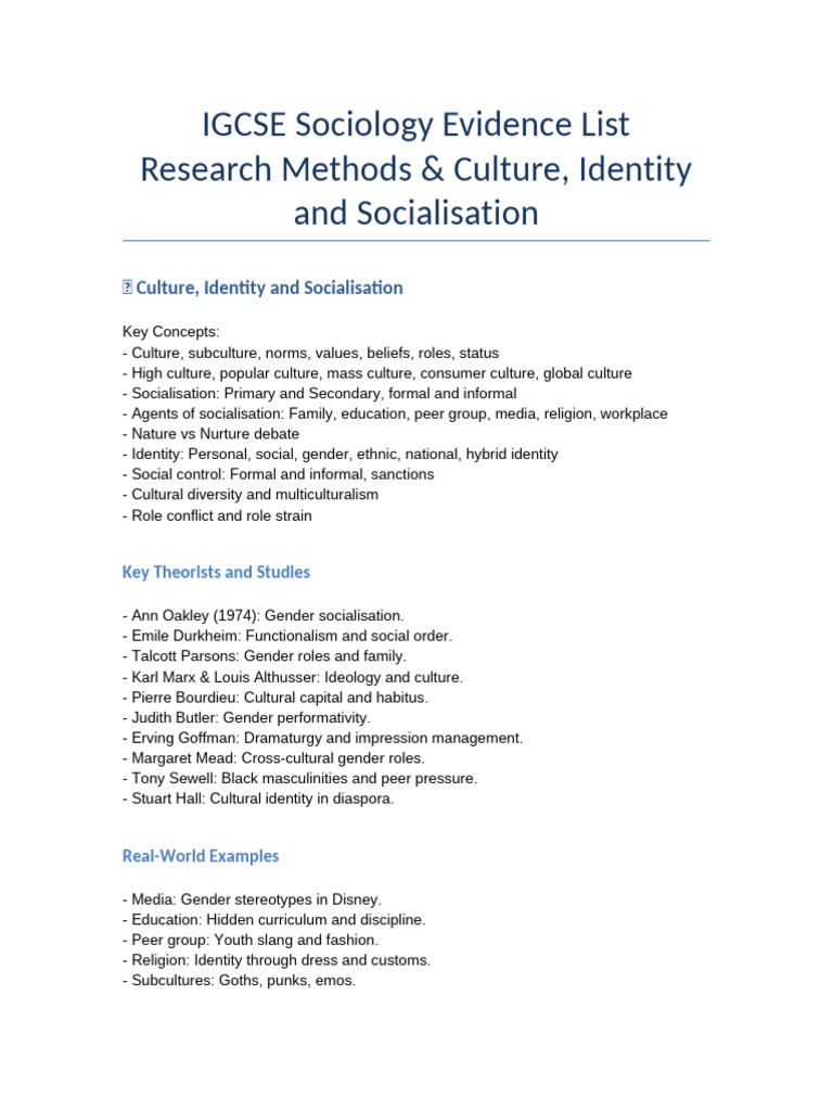 IGCSE Sociology Evidence List | PDF | Sociology | Socialization