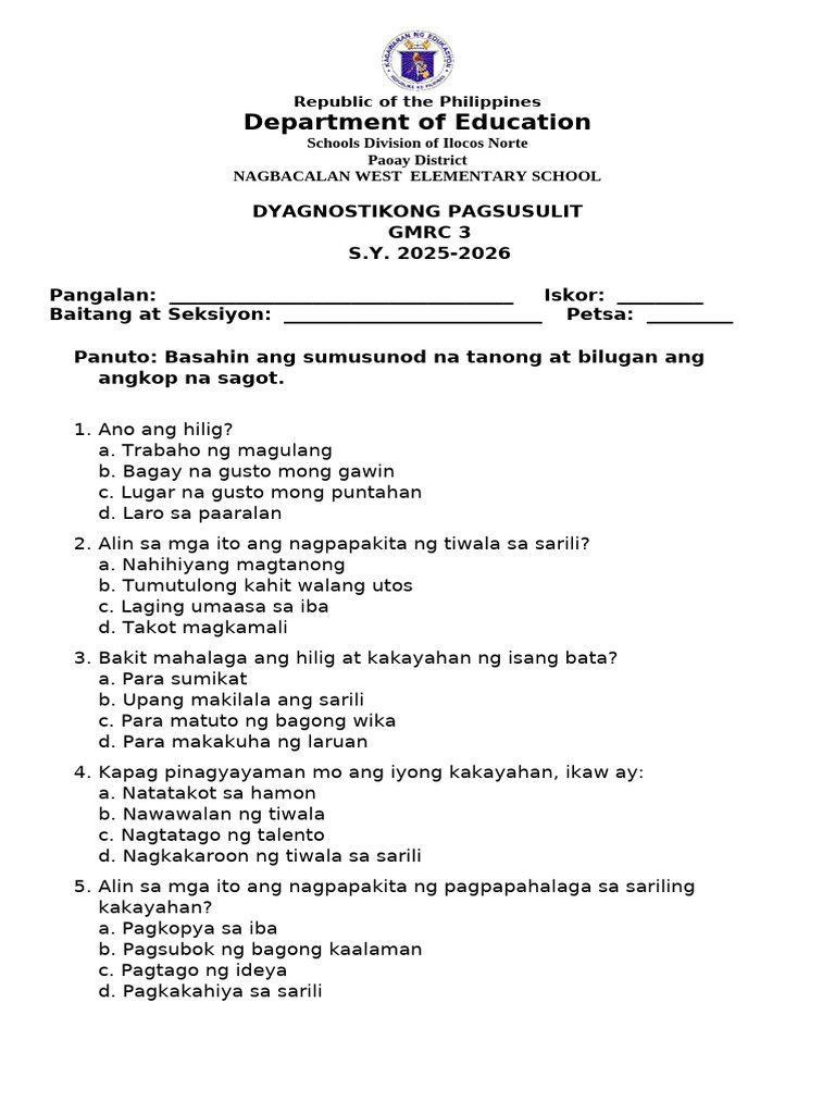 Diagnostic Test GMRC 3 | PDF