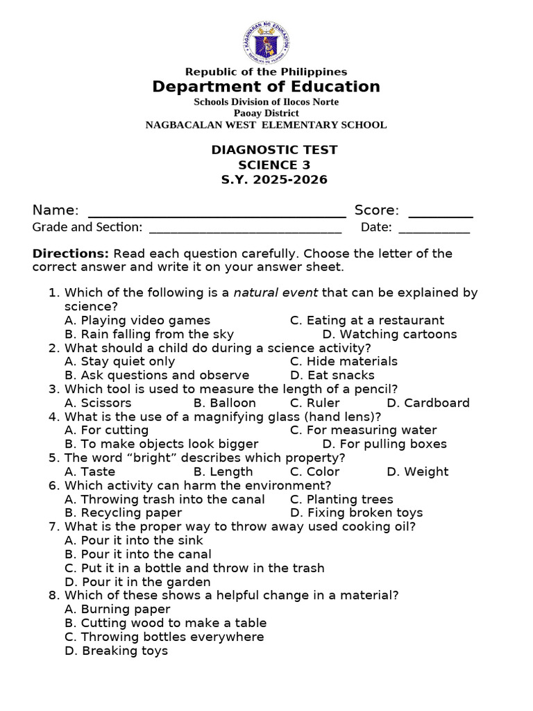 Grade 3 Science Diagnostic Test 2025-2026 | PDF | Sky