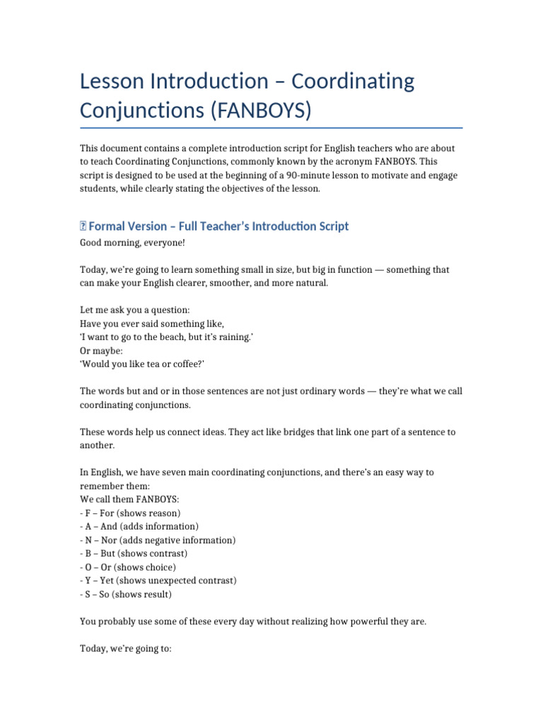 Teacher Introduction FANBOYS | PDF | Cognitive Science | Syntax