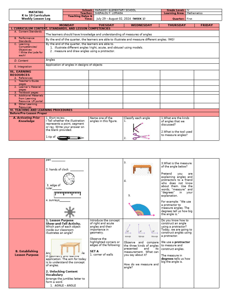 DLL Math4 q1 w1 Matatag 2024 Edited | PDF | Angle | Learning