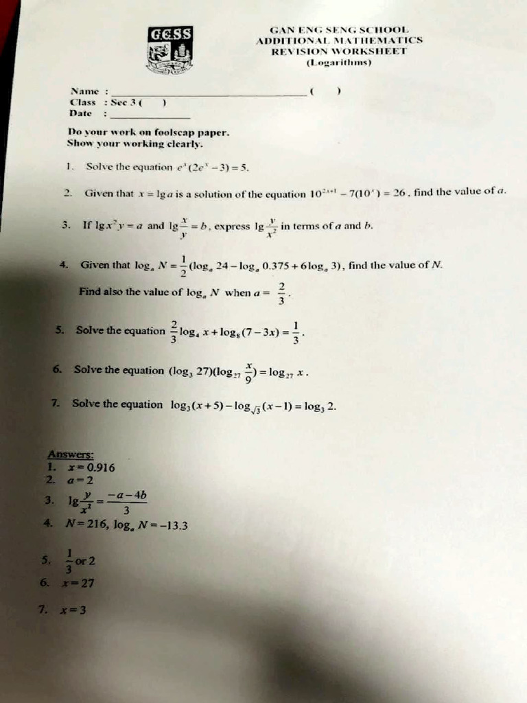 GESS Logarithms Revision Worksheet | PDF