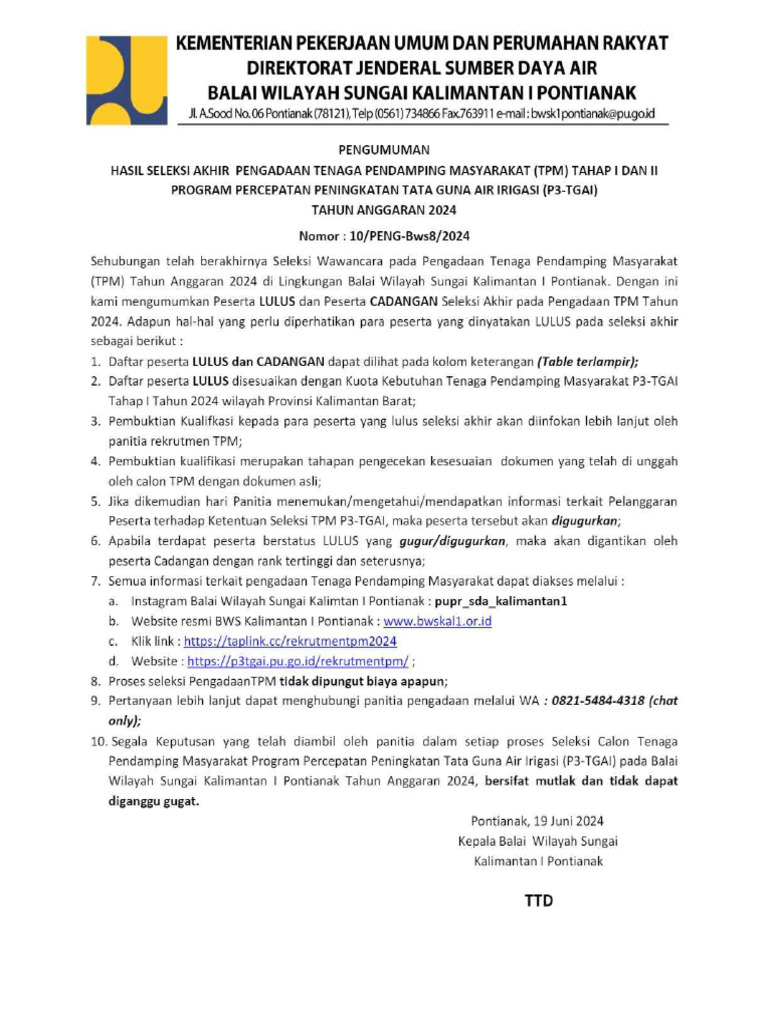 Pengumuman Hasil Seleksi Akhir TPM 2024 | PDF