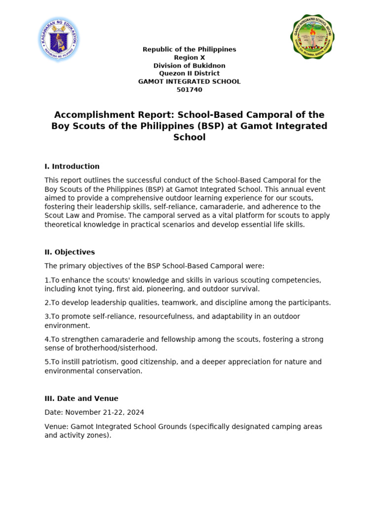 Accomplishment Report On BSP Camporal 2024-2025 | PDF | Scouting | Boy ...