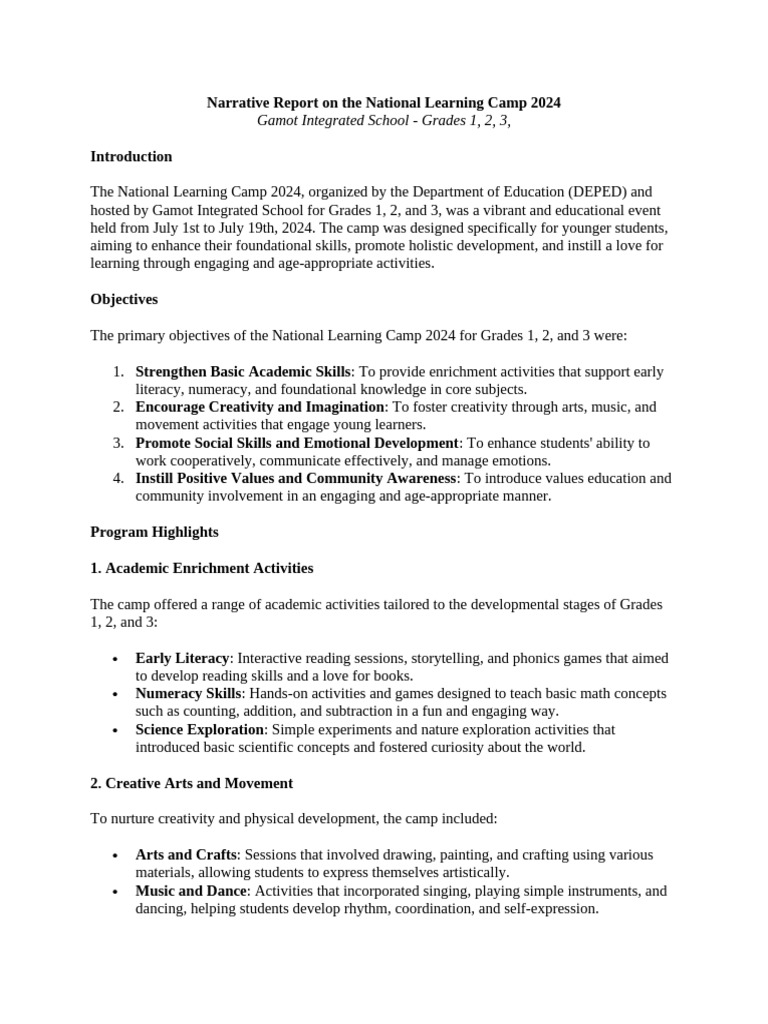 National Learning Camp 2024 Overview | PDF | Learning | Literacy