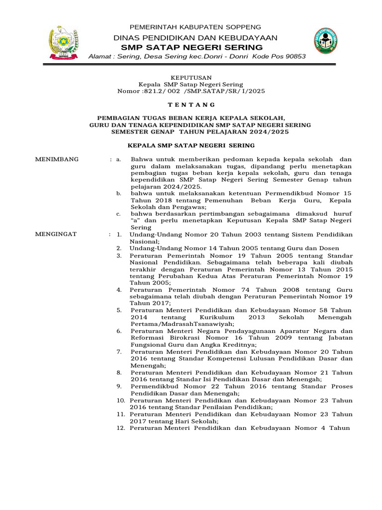 SK Pembagian Tugas Semester Genap 2024-2025 | PDF