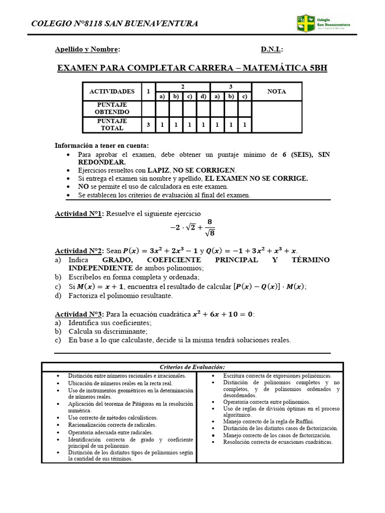 Examen de Matemática 5BH - Colegio 8118 | PDF | Factorización | Algoritmos