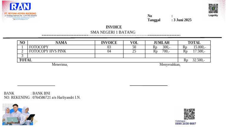 Invoice Fotocopy SMA Negeri 1 Batang | PDF