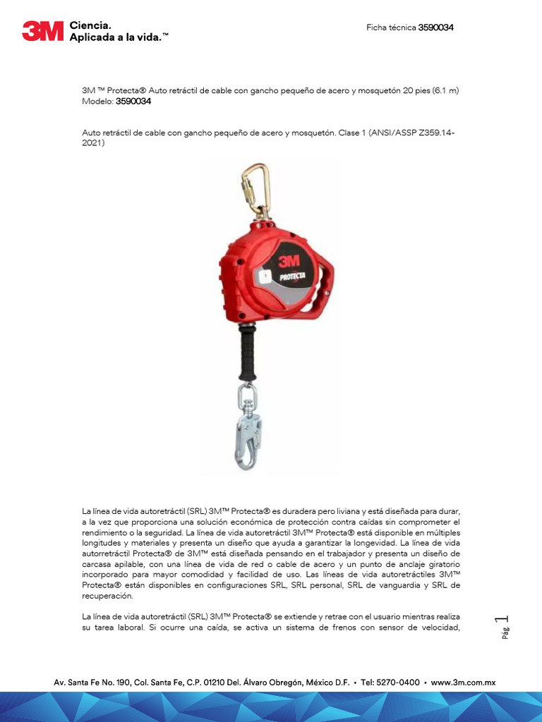 Bloque Retractil 3M Protecta 20 FT 6.1 M 3590034 Ficha Tecnica | PDF