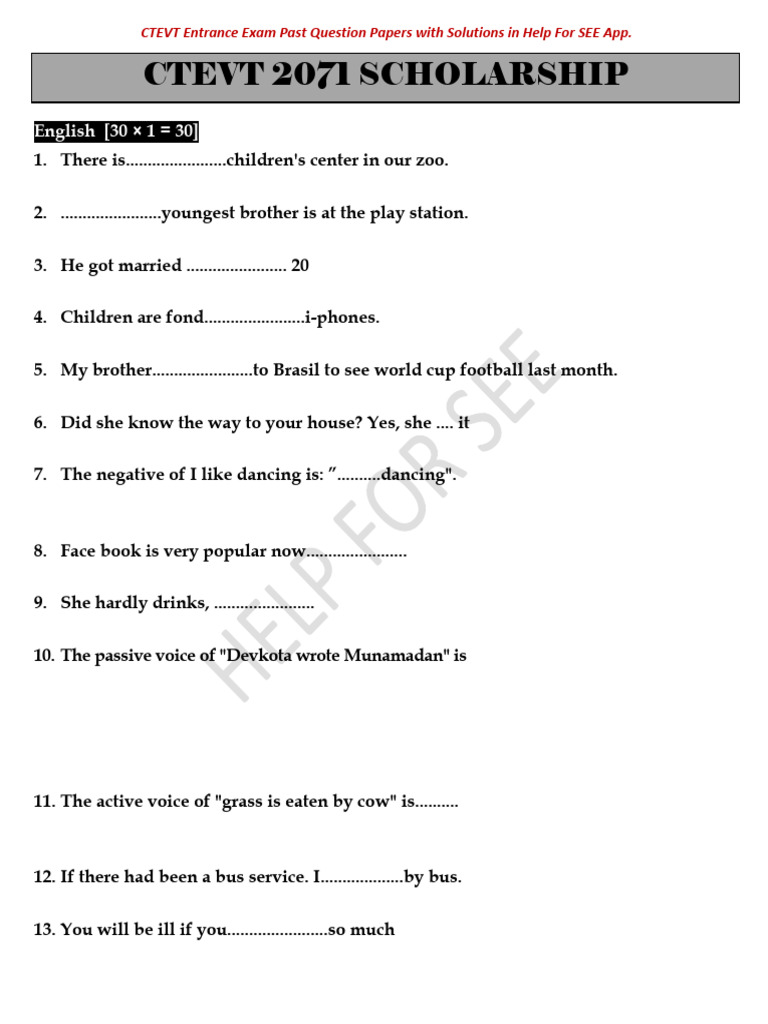 CTEVT Entrance Exam PAST Question Papers With Solutions 2071 ...