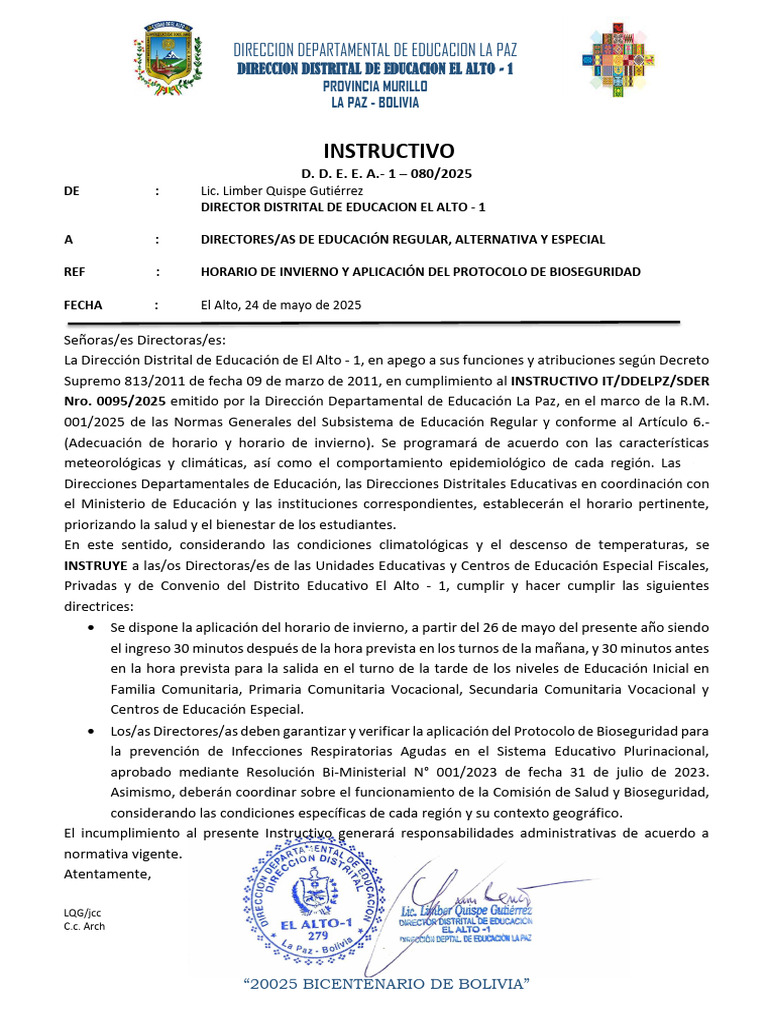 Instructivo - 80 - Horario de Invierno y Aplicacion Del Protocolo de Bioseguridad | PDF