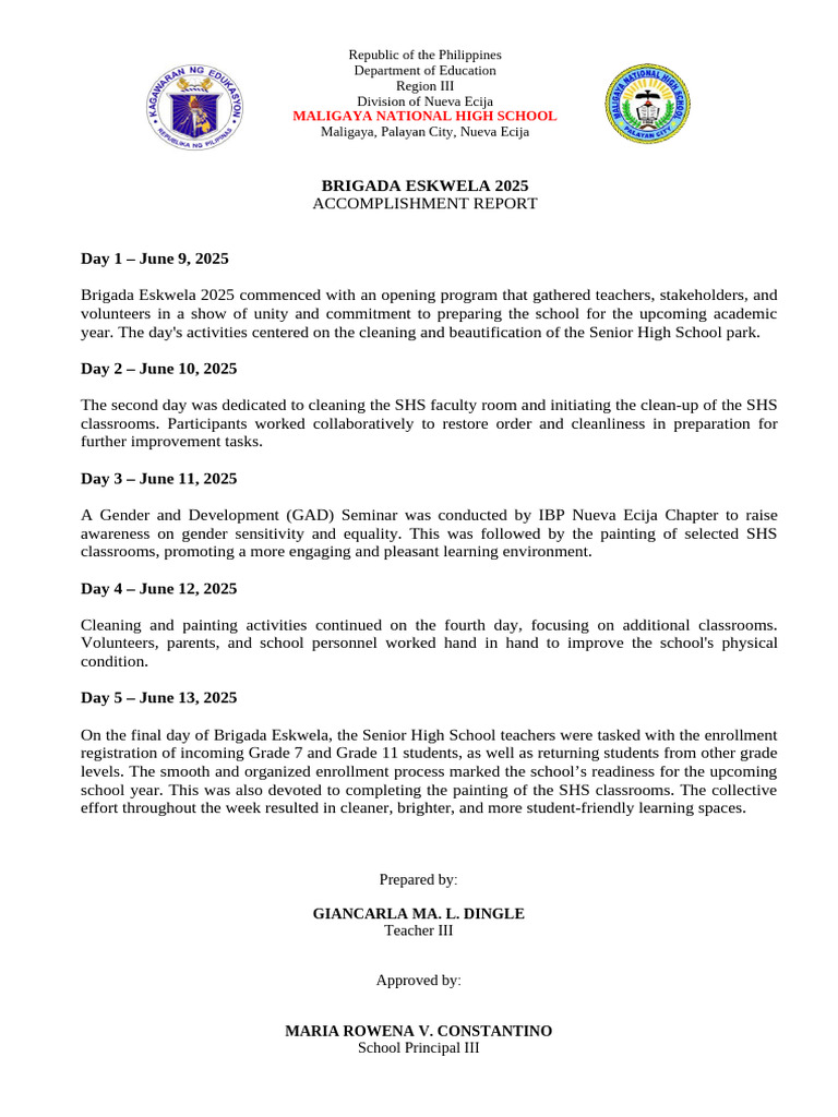 Brigada Accomplishment Report | PDF | Learning