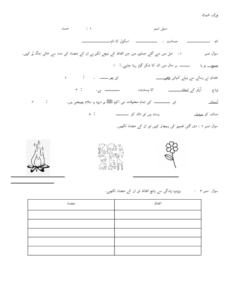 Urdu Grade 3 Unit 1 Lecture 1 Worksheet | PDF