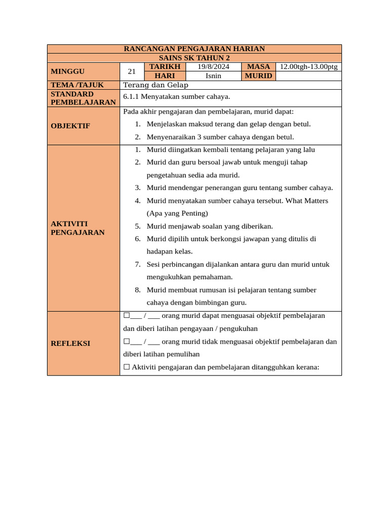 RPH Sains Tahun 2 (m21) | PDF