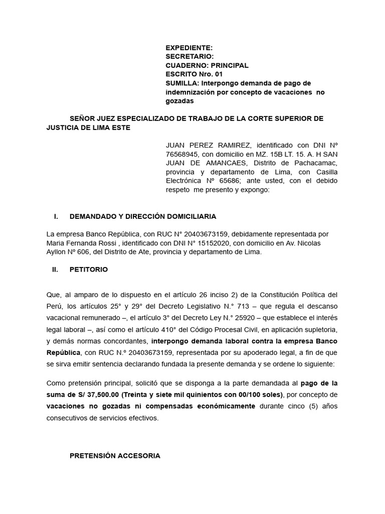 Demanda Procesal Laboral | PDF | Derecho laboral | Daños y perjuicios