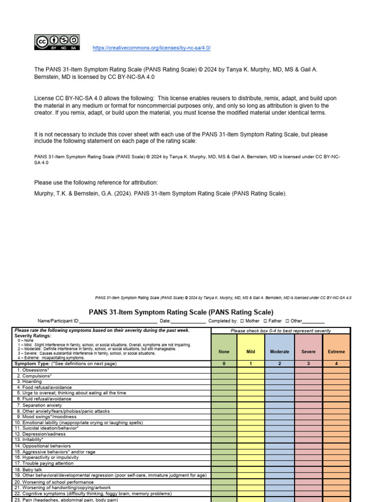 PANS 31-Item Symptom Rating Scale 6.26.24 | PDF | Obsessive–Compulsive ...