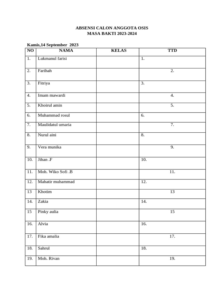 Absensi Calon Anggota Osis | PDF