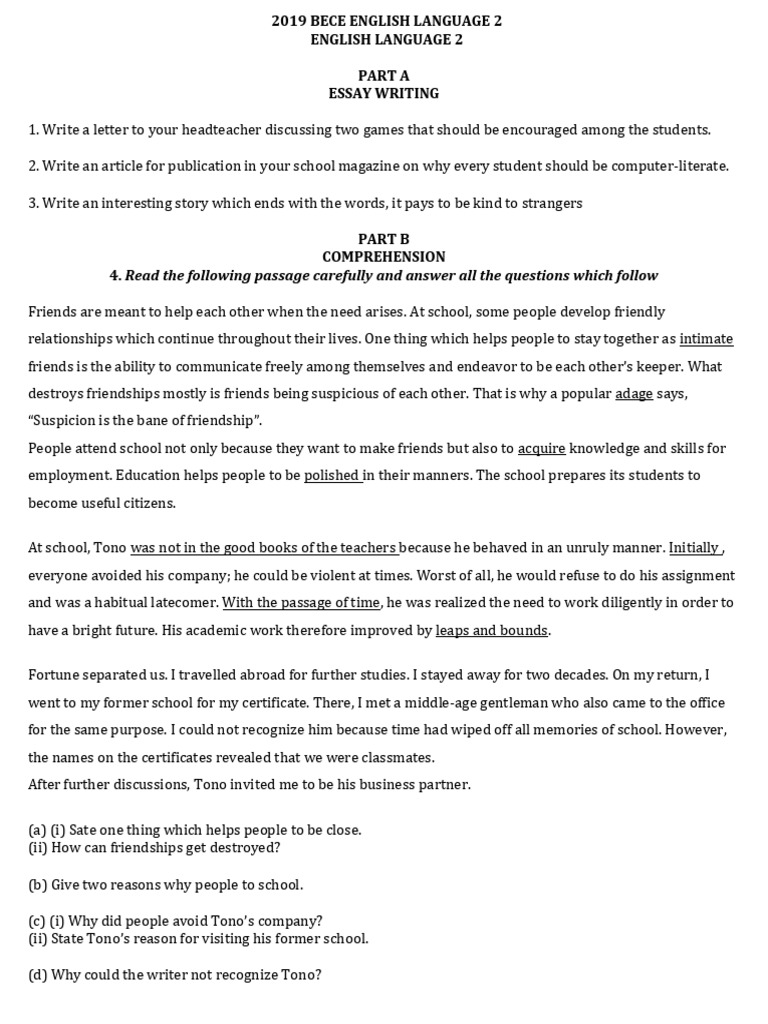 2019 BECE English Language Exam Paper | PDF