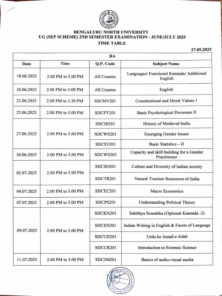 2025 2nd Semester Exam Timetable | PDF | Science