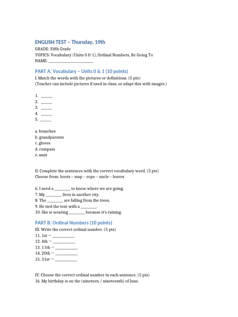 Fifth Grade English Unit 0 Test | PDF