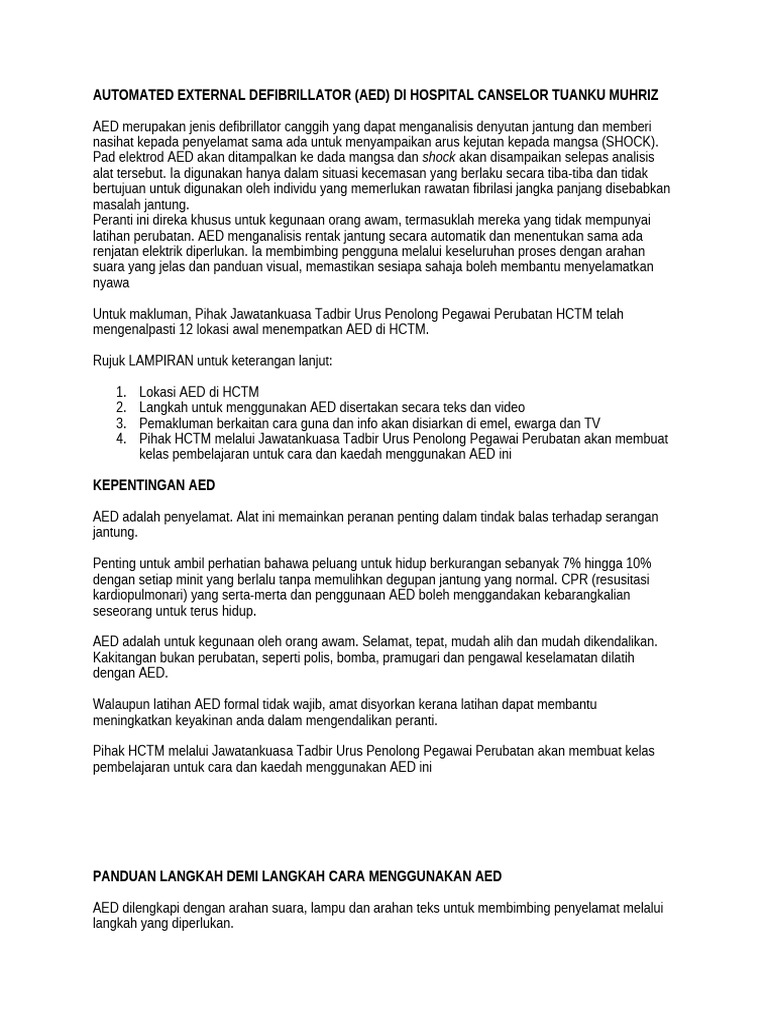 Panduan Penggunaan AED di HCTM | PDF
