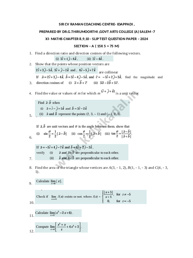 11th Maths Chapter 8,9,10 Slip Test QP | PDF