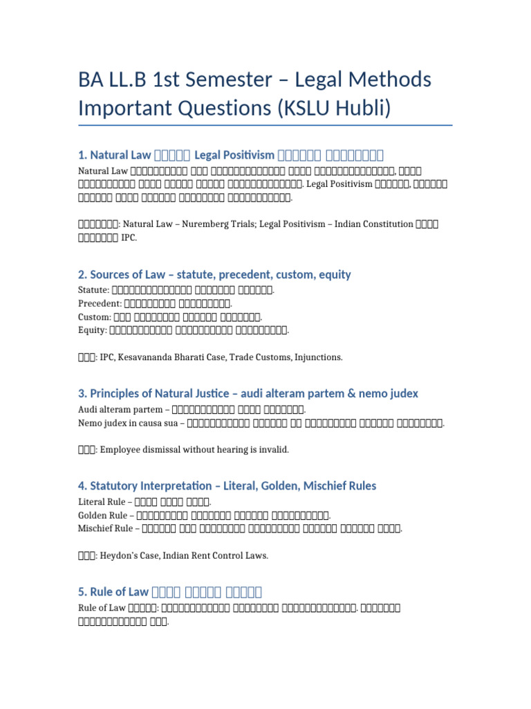 Legal Methods KSLU Important Questions | PDF
