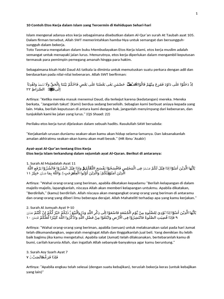 10 Contoh Etos Kerja Dalam Islam Yang Tercermin Di Kehidupan Sehari | PDF