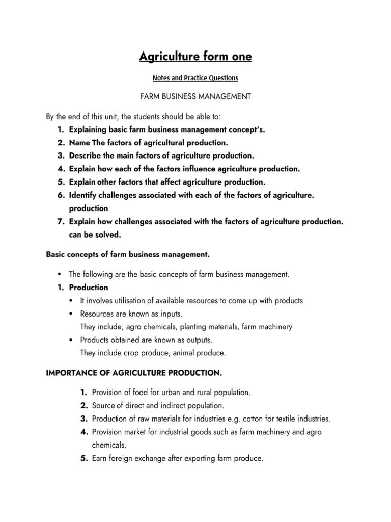 Agriculture Form One Notes and Practice Questions | PDF
