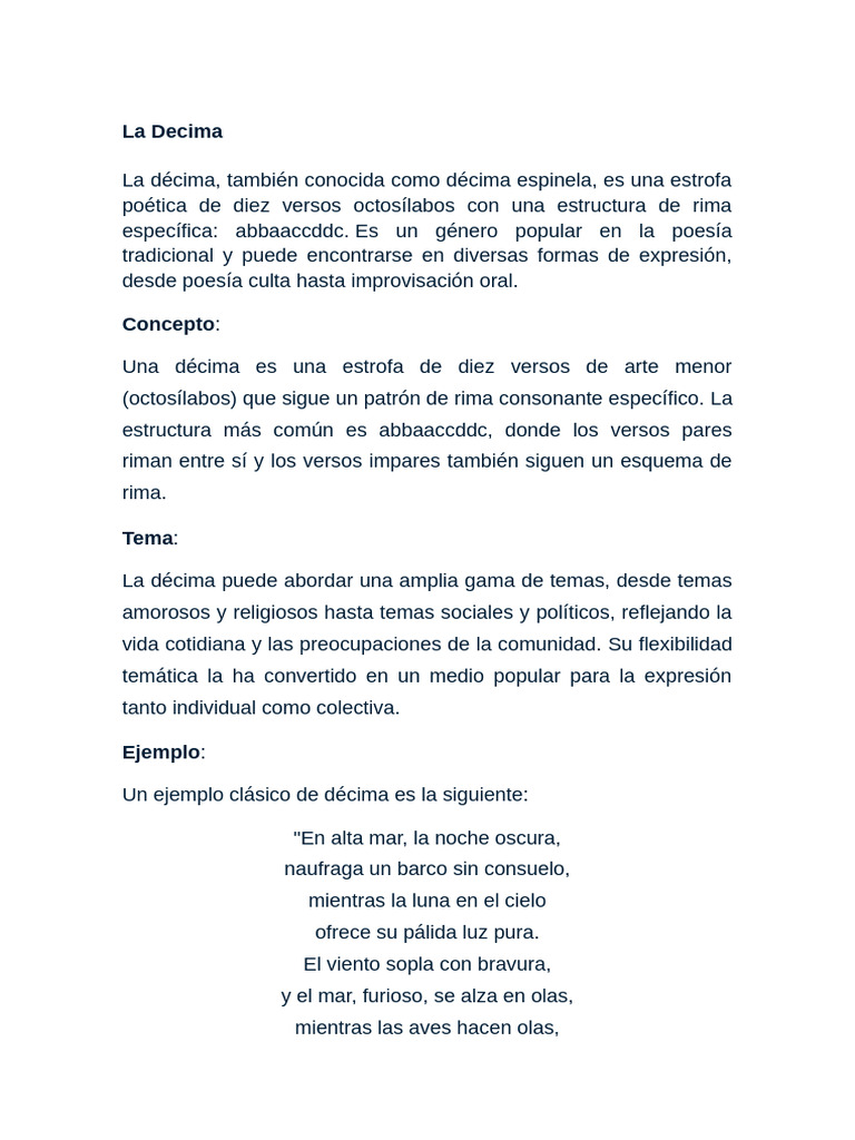 Estructura y ejemplos de la décima | PDF | Poesía | Rima