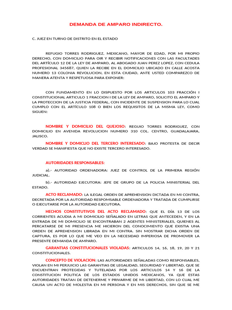 DEMANDA DE AMPARO INDIRECTO Ejemplo | PDF | Derecho Constitucional | Demanda judicial