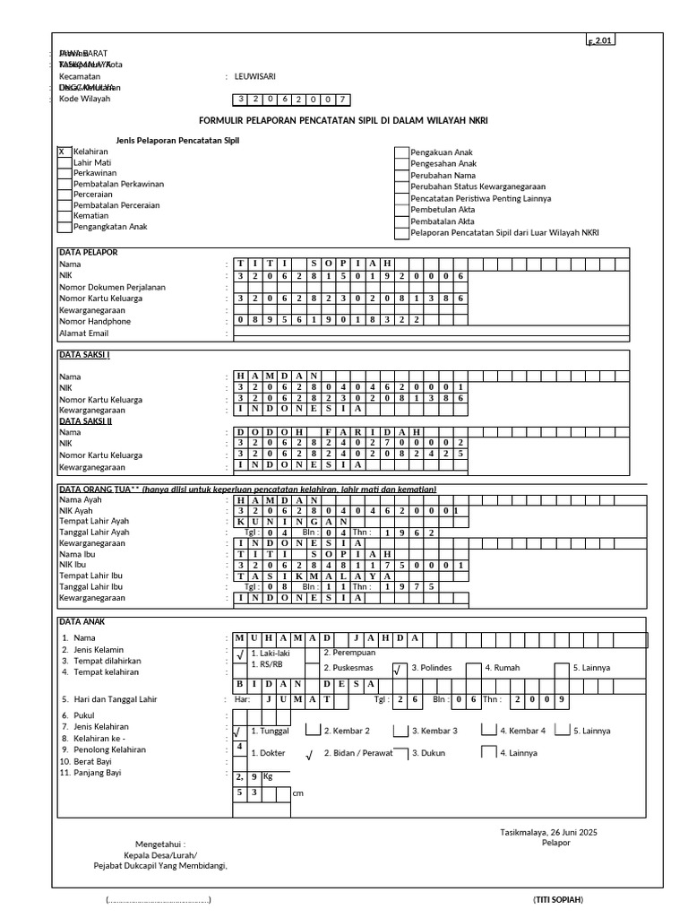Formulir F2.01 Akta Kelahiran | PDF