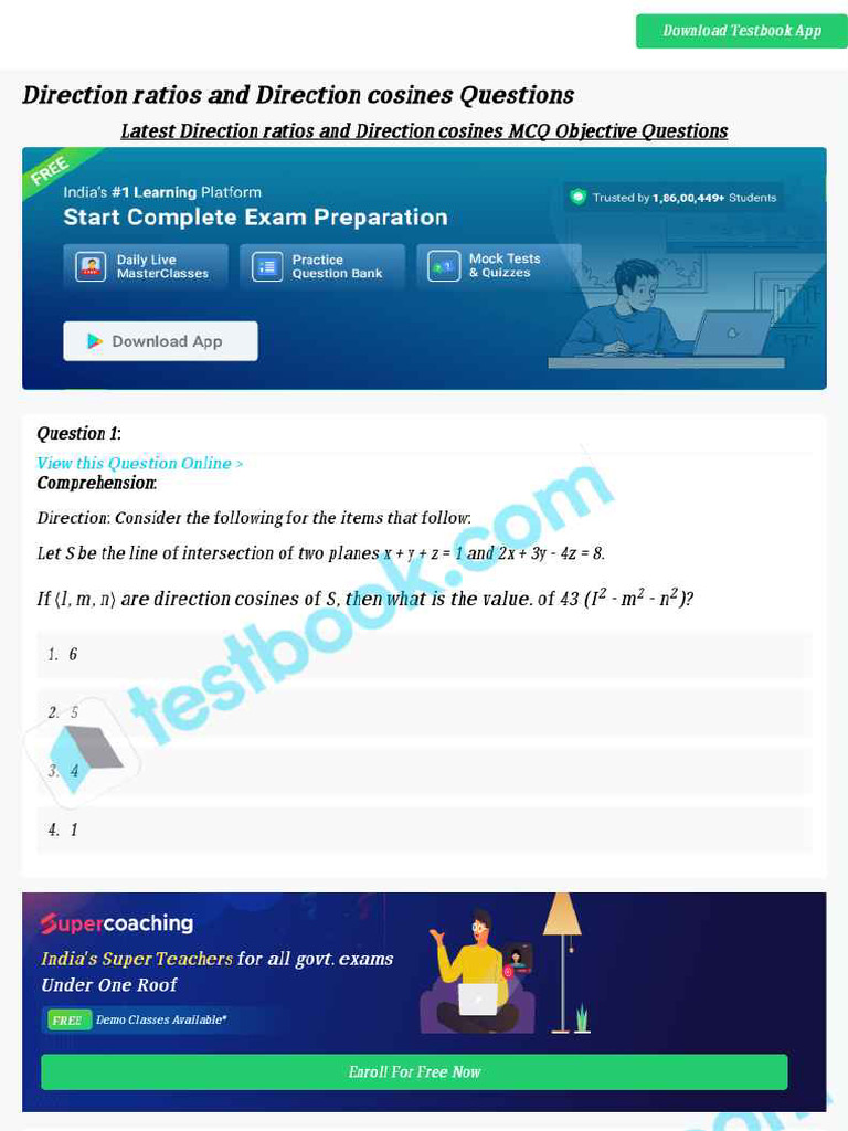 MCQ On Direction Ratios and Direction Cosines 5eea6a1439140f30f369f209 ...