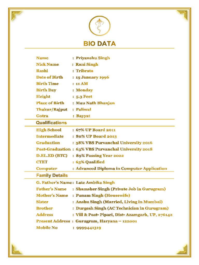 Priyanshu Singh Biodata 4 | PDF