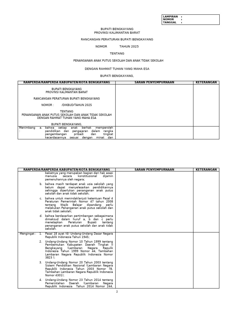 Matrik Rancangan Perbup Tentang APS Dan ATS Revisi Provinsi | PDF