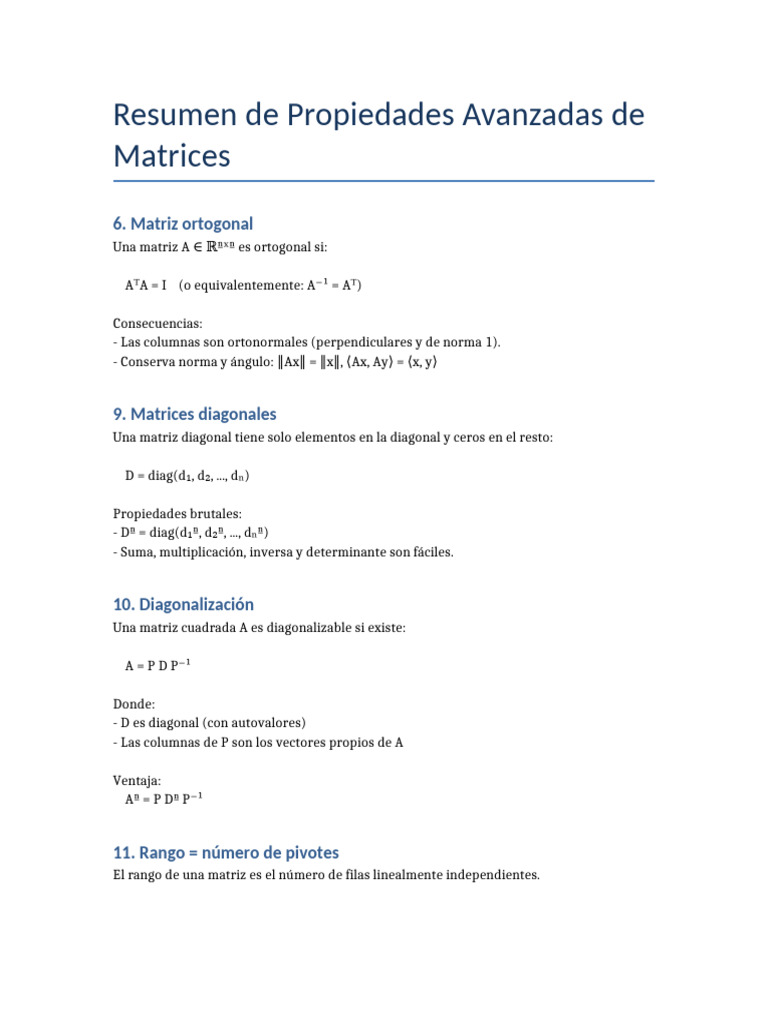 Resumen Propiedades Matrices | PDF
