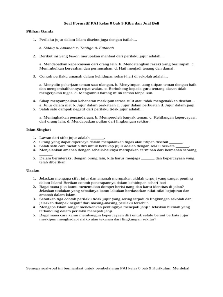 Soal Formatif PAI Kelas 8 Bab 9 Riba Dan Jual Beli | PDF