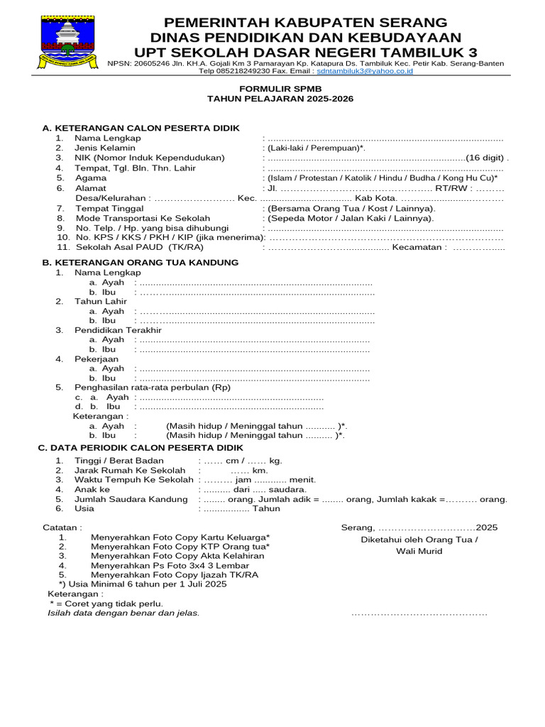 Formulir Pendaftaran Siswa SD 2025-2026 | PDF