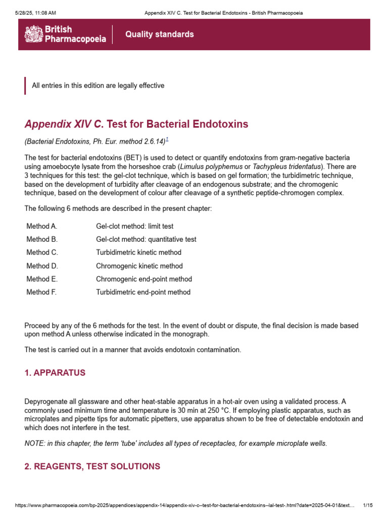 Appendix XIV C. Test For Bacterial Endotoxins - British Pharmacopoeia | PDF