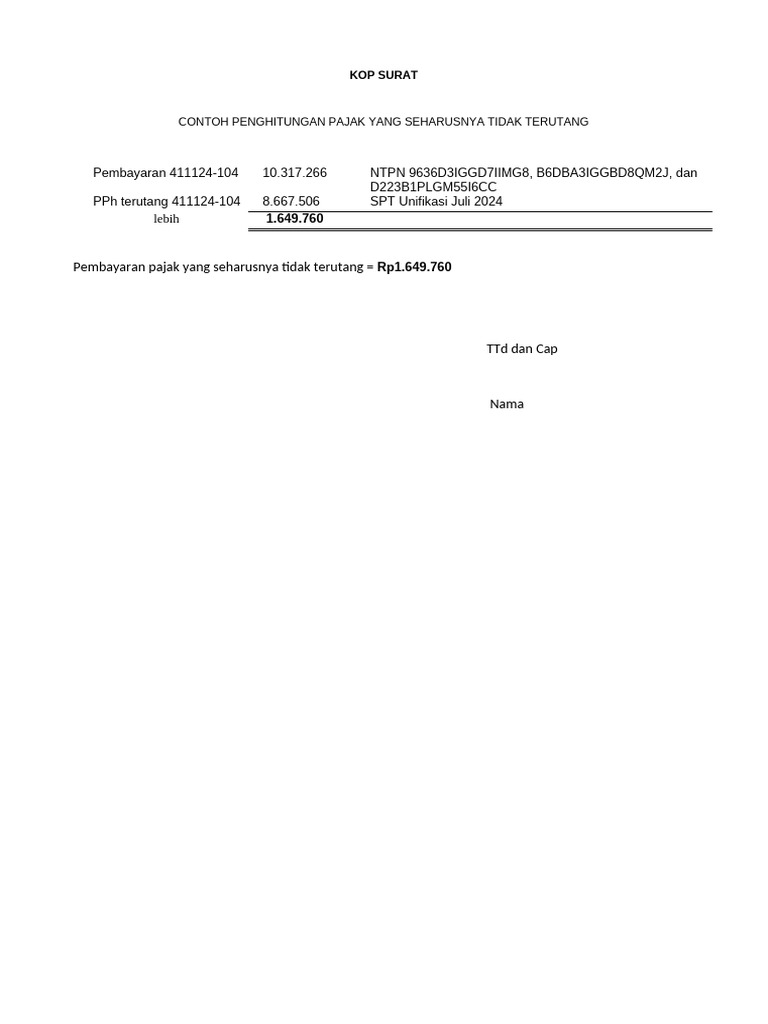 Contoh Perhitungan PPYSTT Pembetulan SPT | PDF