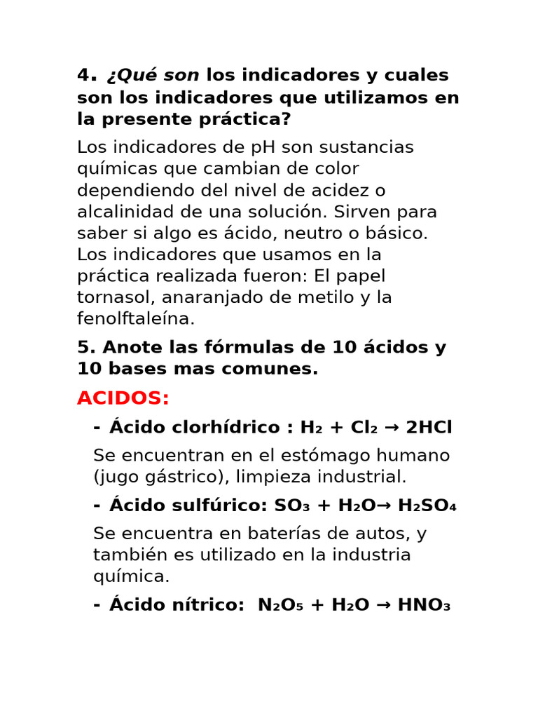 Indicadores de pH y fórmulas de ácidos y bases | PDF | Ácido | Ácido ...