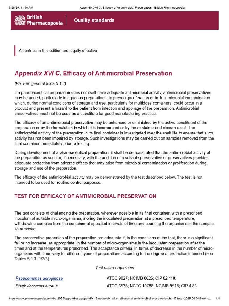 Appendix XVI C. Efficacy of Antimicrobial Preservation - British Pharmacopoeia | PDF ...