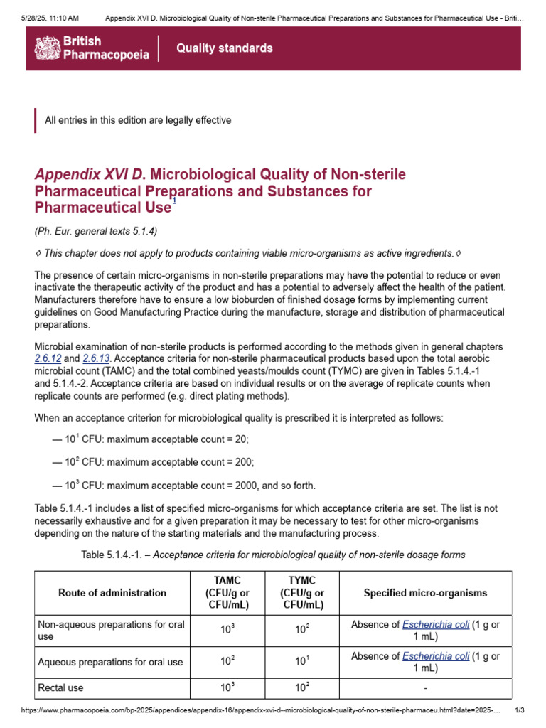 Appendix XVI D. Microbiological Quality of Non-Sterile Pharmaceutical ...