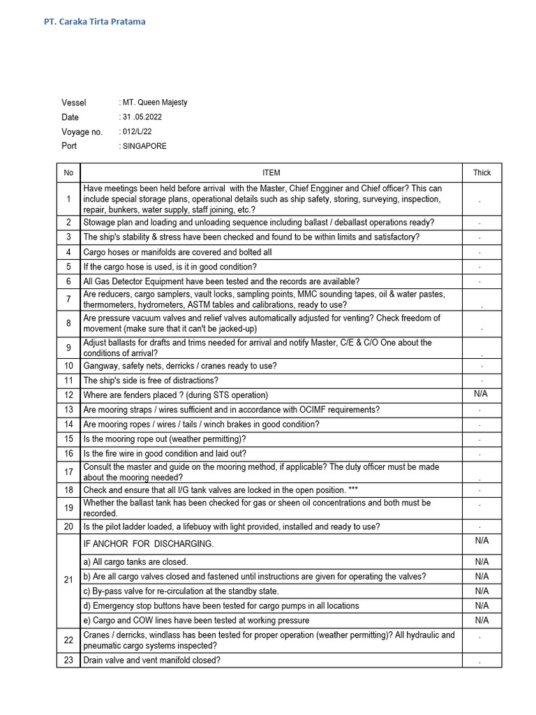 Preparation For Arrival Check List | PDF | Pump | Valve